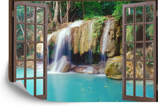 Fotobehang Open Window View To Deep Jungle Waterfall | bol