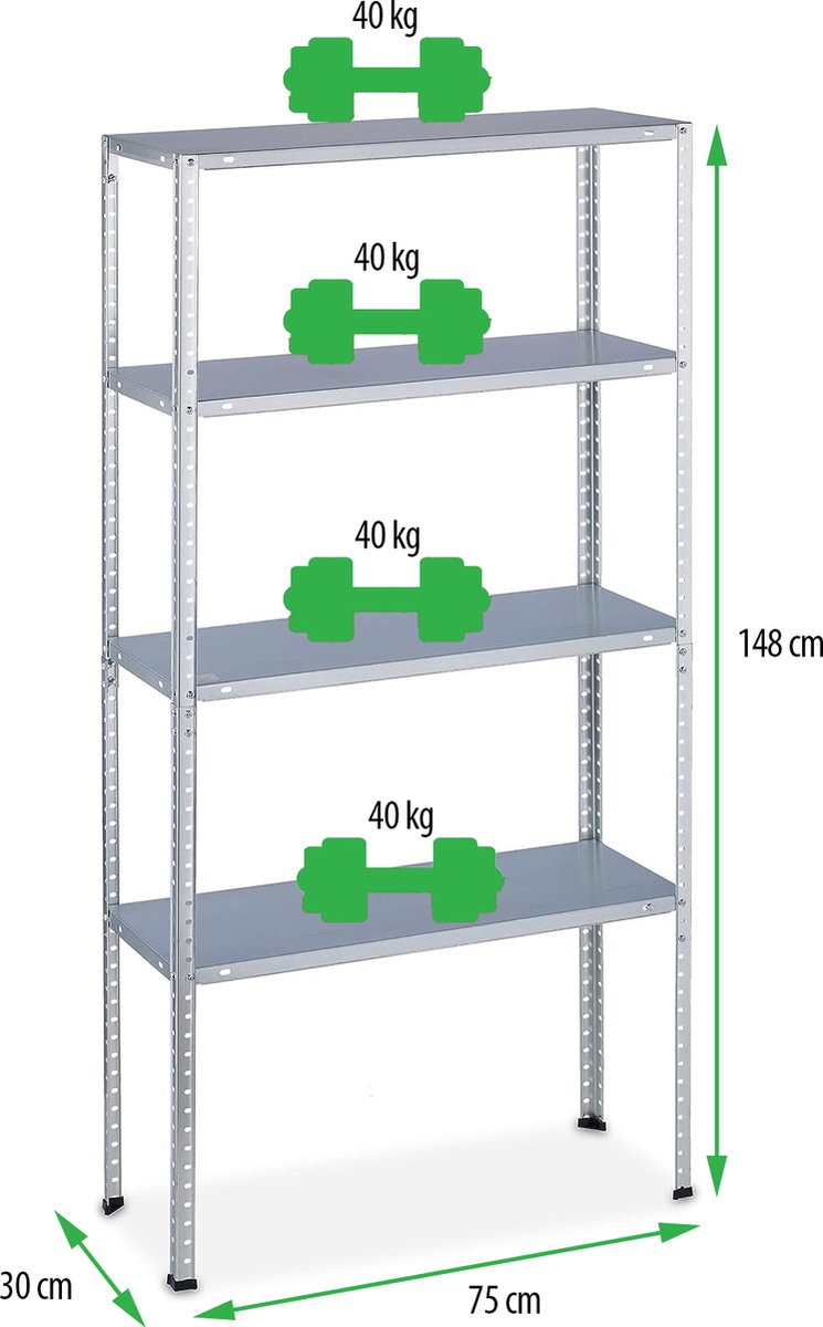 Profeco opbergrek metaal 148x75 cm – Stellingkast 4 planks x 40kg – RVS ...