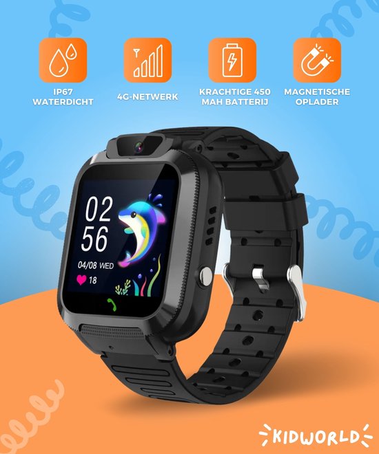 KidWorld Smartwatch Kinderen Zwart | Met HD-camera, GPS en 4G ...