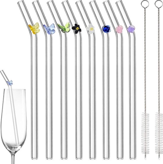 8 glazen rietjes, herbruikbare glazen rietjes, transparant, met 2 ...