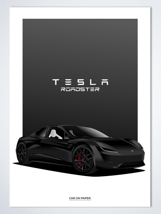 Tesla Roadster Zwart op Poster - 50 x 70cm - Auto Poster Kinderkamer ...