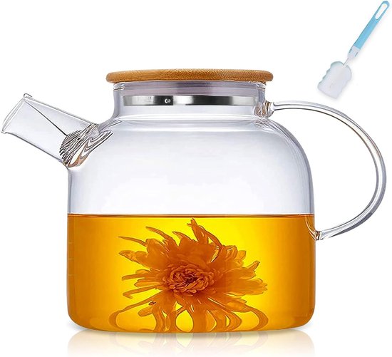 Theepot met zeewater, 1500 ml, glazen theepot met houten deksel ...