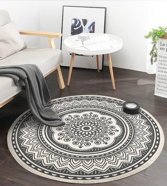 120 cm rond tapijt, katoenen tapijt met kwastjes, wasbaar mandala ...