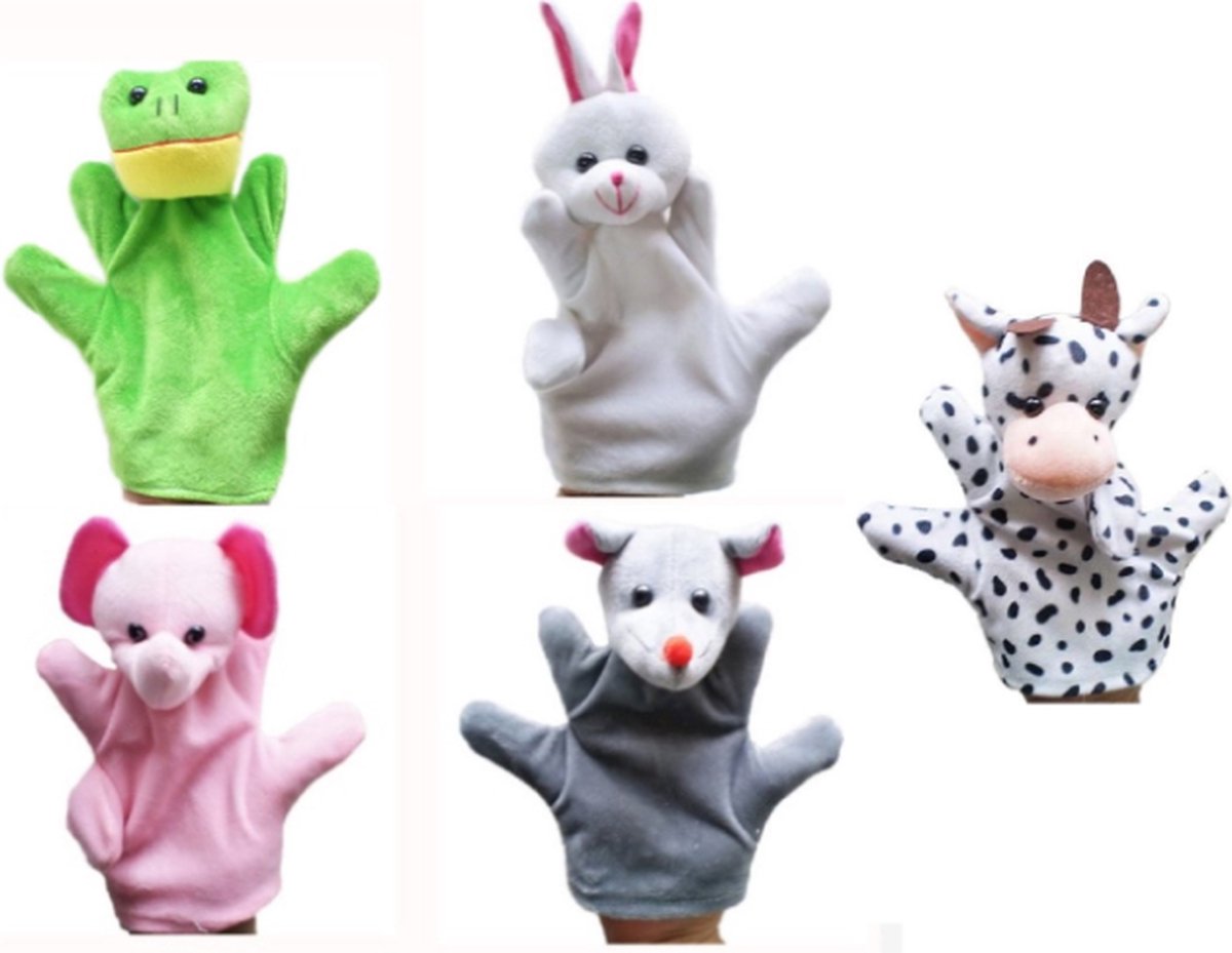 Pluche Dieren Handpoppen | 5 stuks | Poppenkastpoppen Kikker, Konijn ...