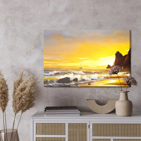 Schilderijkoning - Canvas Schilderij Zee En Zonsondergang - 90 x 60 cm | bol