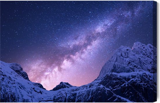 Schilderijkoning - Canvas Schilderij Melkweg Over Besneeuwde Bergen - 120 x 80 cm | bol
