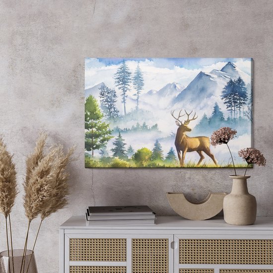 Schilderijkoning - Canvas Schilderij Berglandschap Met Herten - 120 x 80 cm | bol.com