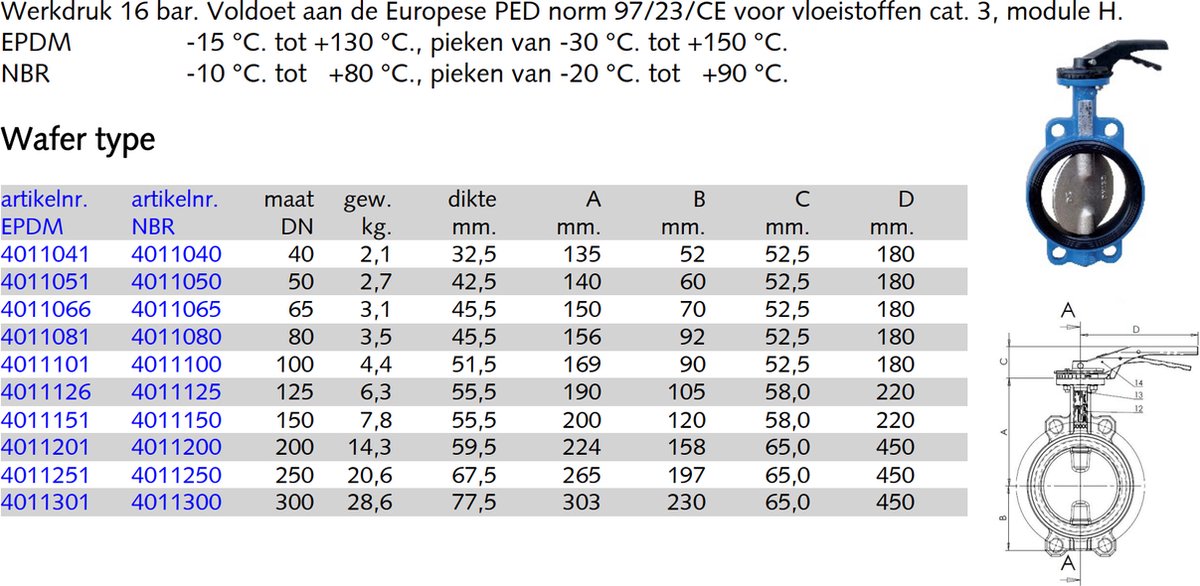 Vlinderklep ggg.40 klep rvs.316 DN050 16 bar handgreep epdm dichting EN1092 PN10-16... | bol.com