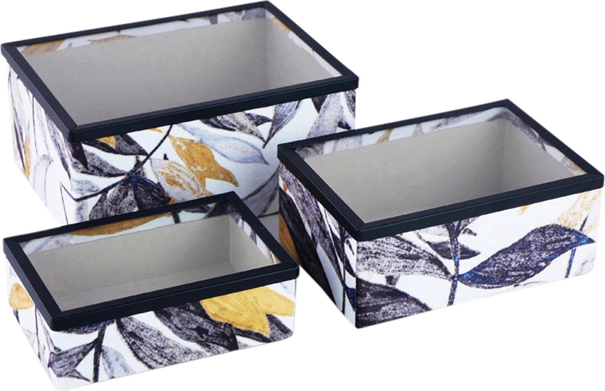 Dekoratief | Set 3 dozen RH, 'Exotic Flowers', fluweel/glas/karton, 20x15x9cm | A234020 | bol