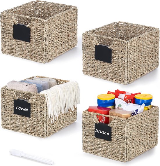 Set van 4 rechthoekige opbergmandjes zeegras, vouwmand, gevlochten mand ...