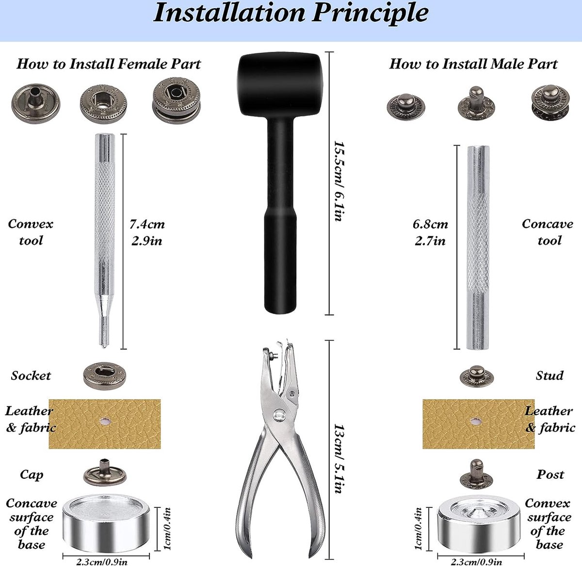 Drukknopset, 120 stuks, 6 kleuren, drukknopen met tang, metalen kleding ...