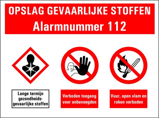 Opslag gevaarlijke stoffen met alarmnummer sticker 200 x 150 mm | bol