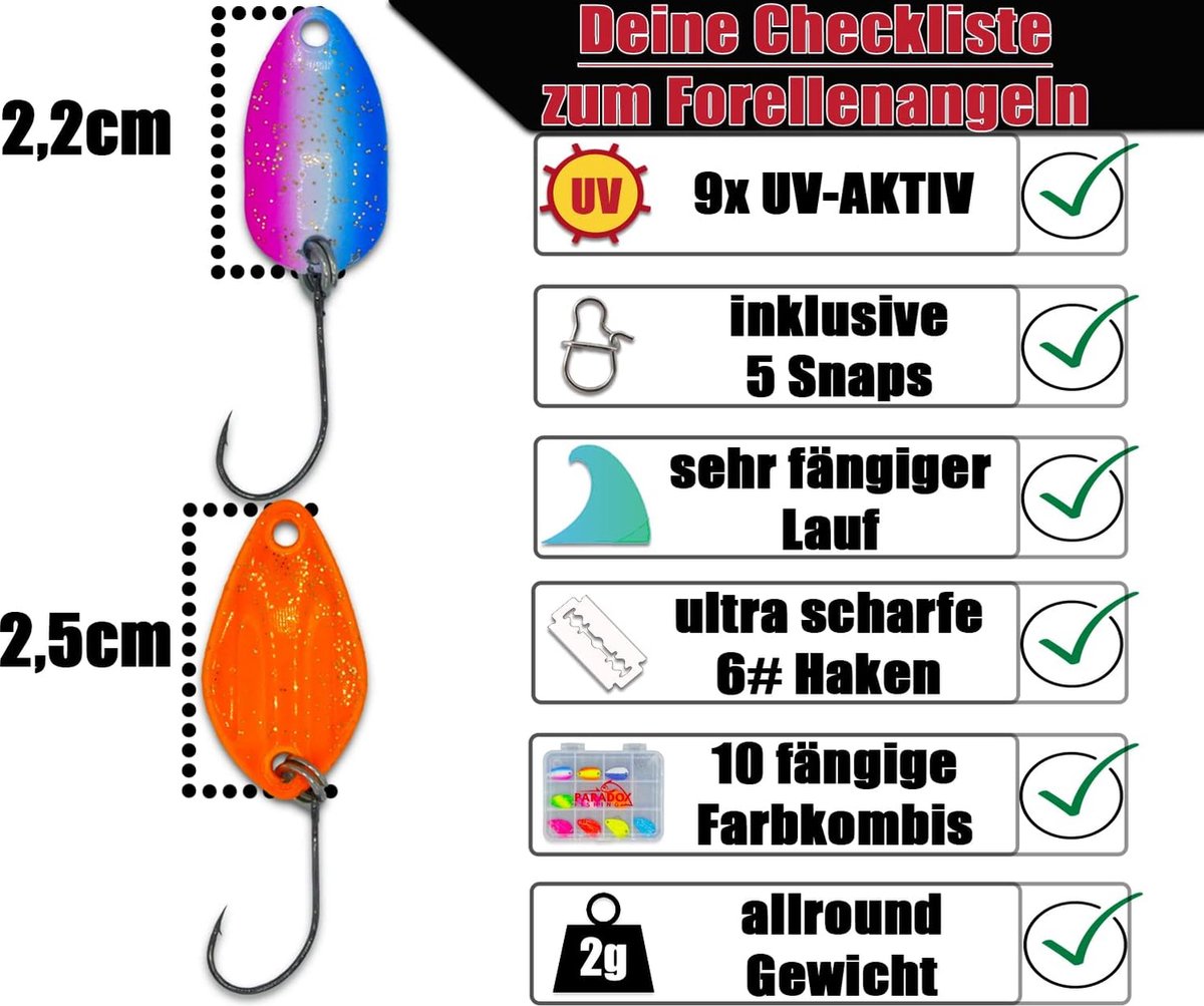 Forelspoonset, 10 lepels van 2,5 g met lepel en 5 snaps, forel lokaas ...