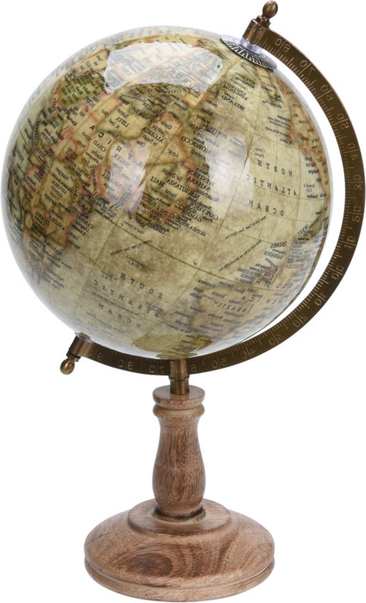 Decoratie wereldbol/globe beige op mangohouten voet/standaard 23 x 38 ...