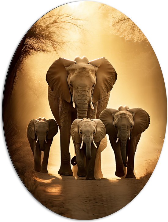 Dibond Ovaal - Lopende Olifant met Drie Jongen over bospad - 72x96 cm ...