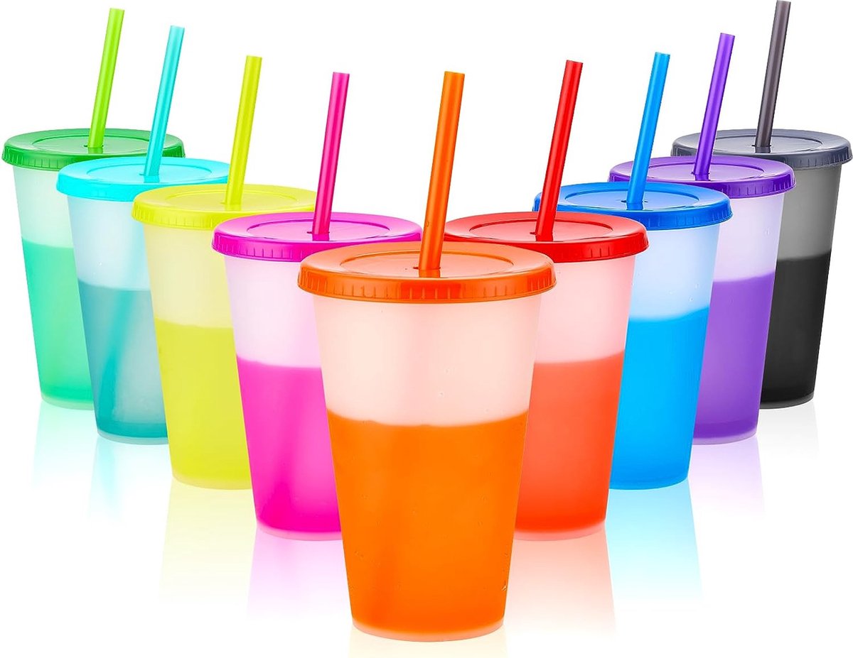Drinkbekers met rietje en deksel, 9 stuks, kleurverandering, 16 oz ...