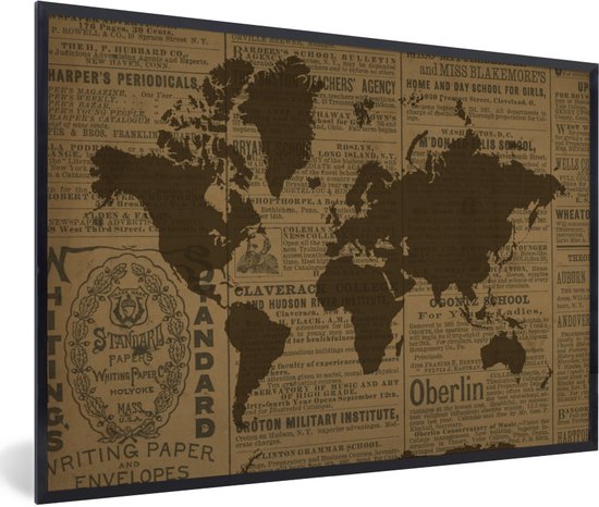 Fotolijst incl. Poster - Wereldkaart - Bruin - Krant - 90x60 cm ... Fotolijst incl. Poster - Wereldkaart - Bruin - Krant - 90x60 cm ...