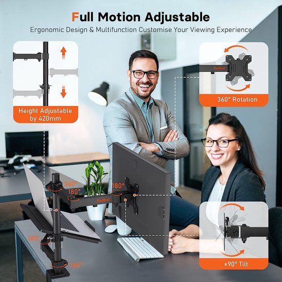 Monitorarm met laptopvak, dual screens, volledig instelbaar voor 13 tot ...