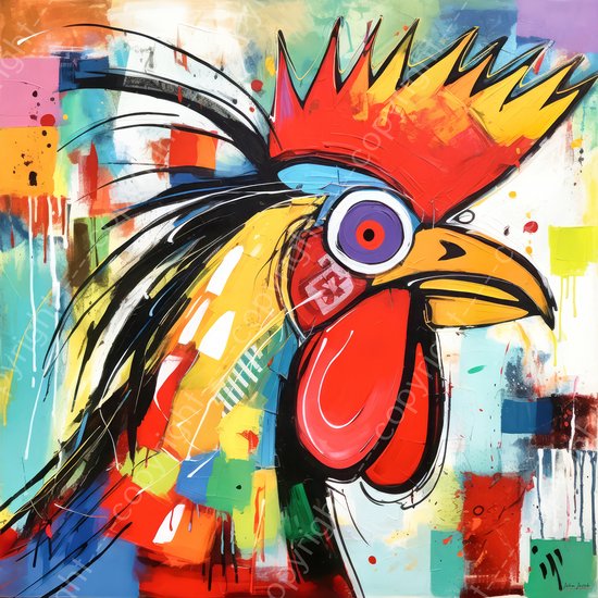JJ-Art (Toile) 60x60 | Coq fou, abstrait dans le style Herman Brood ...