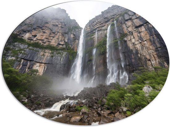 Dibond Ovaal - Rotsen - Waterval - Stenen - Bomen - 68x51 cm Foto op ...