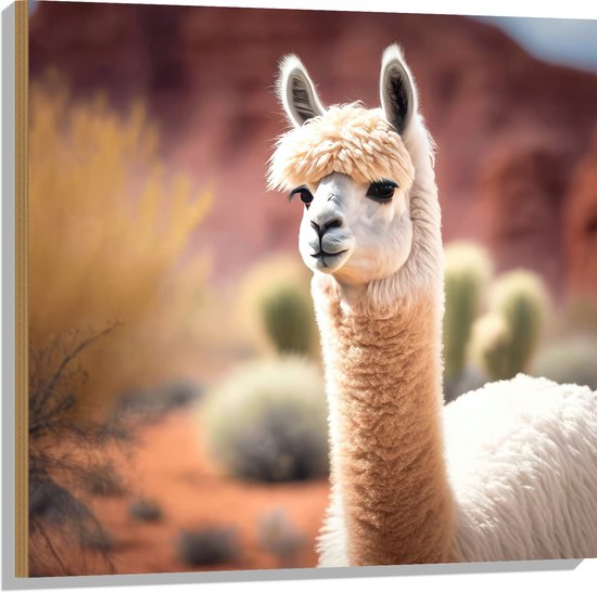 Hout - Dier - Lama - Wit - Planten - Cactus - 80x80 cm - 9 mm dik ...