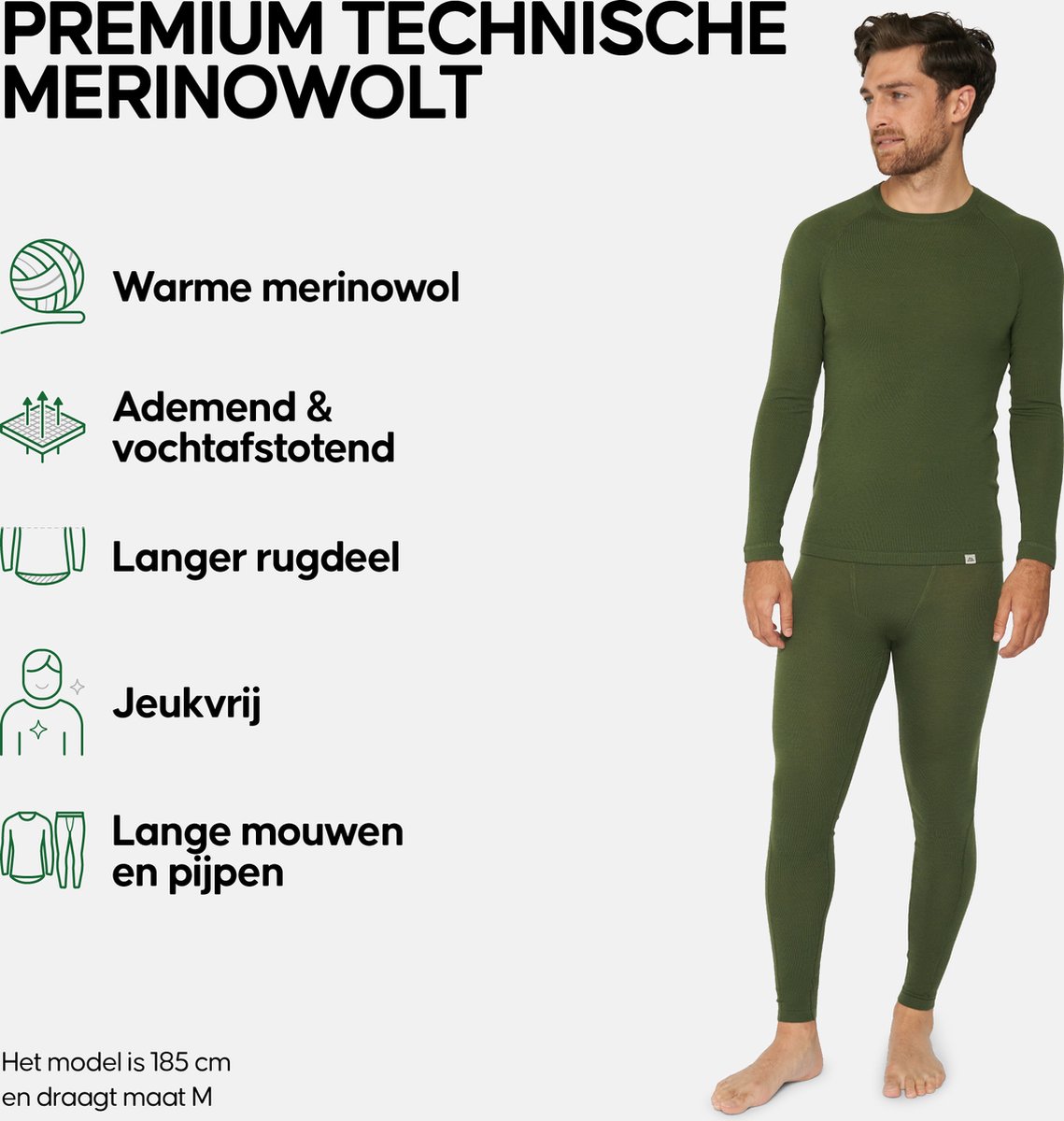 DANISH ENDURANCE Thermo Ondergoed set voor Heren - van Merino Wol - Ademend - Groen - XXL | bol