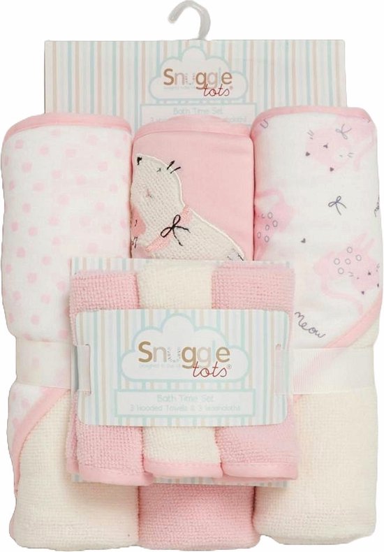 Snuggle Tots - Baby Badset - 3 Badcapes + 3 Wasdoekjes - Kitten - 6-delig - Roze | bol