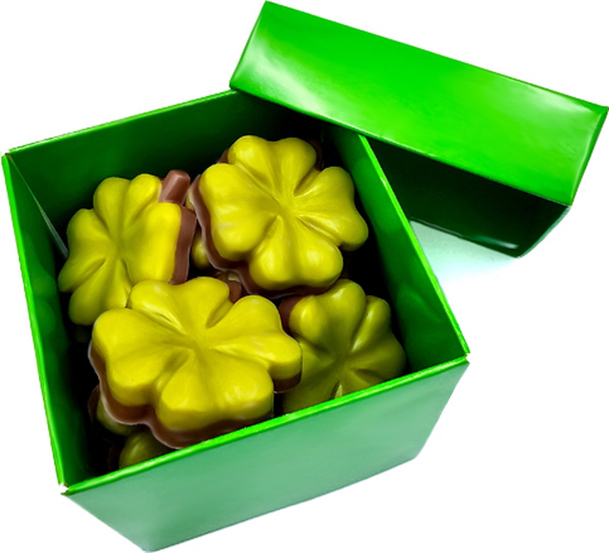 Chocolade Geluk Klavertjes | In Groene Kubus met Klavertje Vier Bedel ...
