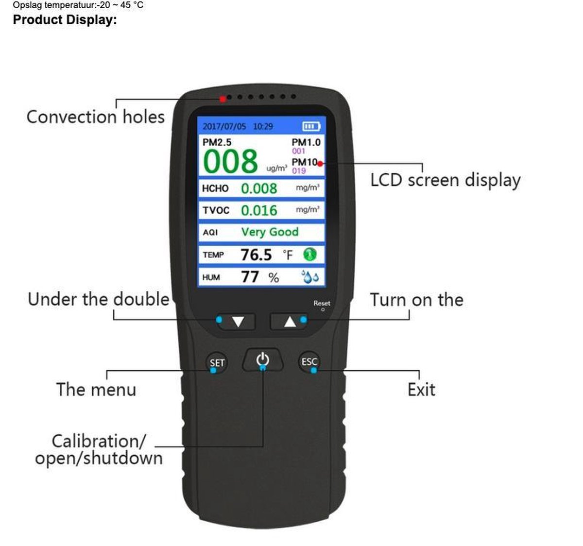 bol.com | 8 in 1 Luchtkwaliteit meter PM1.0 PM2.5 PM10 Monitor TVOC HCHO Formaldehyde Detector...