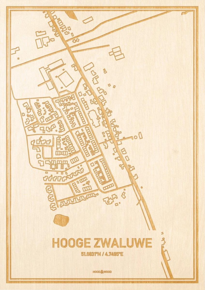 bol.com | Kaart Hooge Zwaluwe - Gegraveerde stadskaart Hood&Wood - Hout, A4