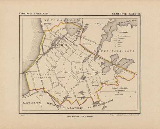 Historische kaart, plattegrond van gemeente Workum in Friesland uit ...