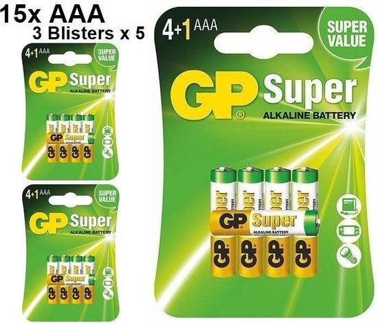 15 Stuks (3 Blisters a 5st) - GP Super Alkaline AAA LR03/1.5V Batterij | bol