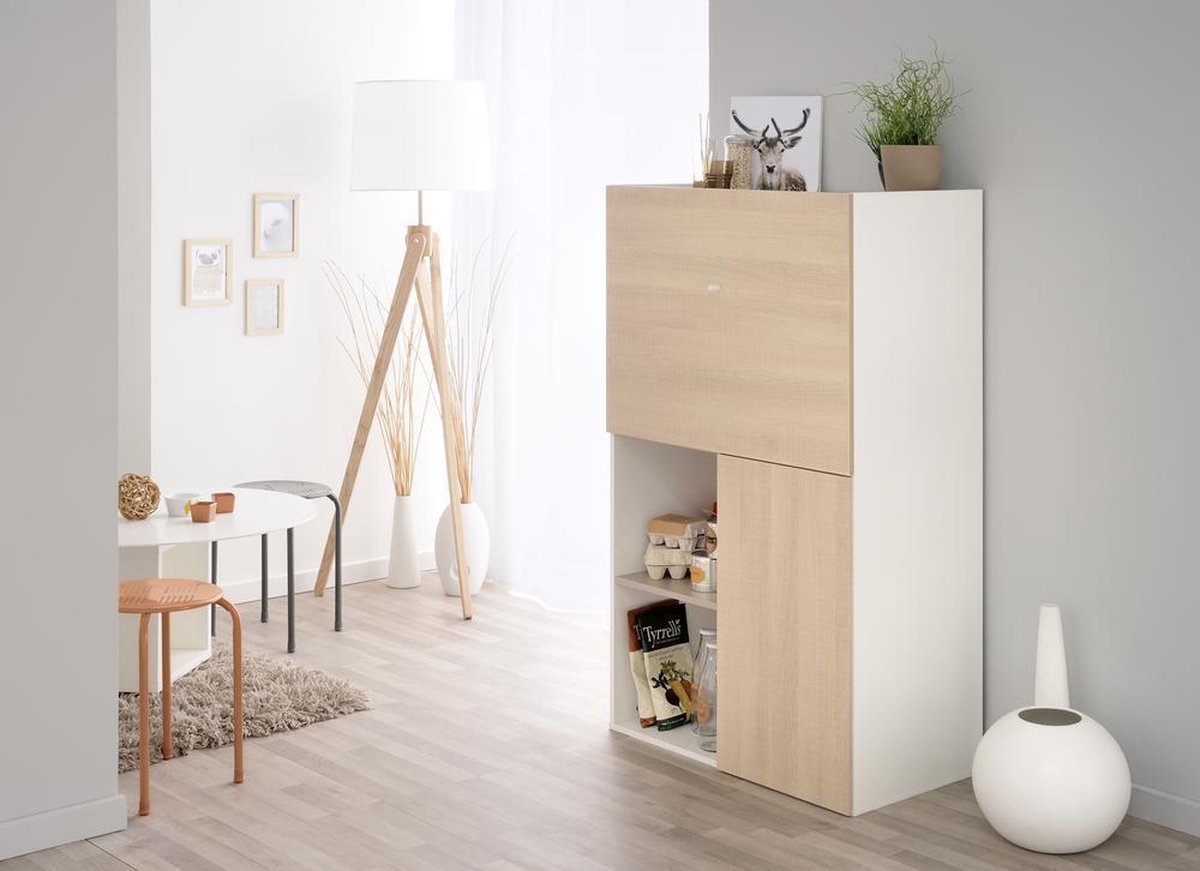 EKIPA Multifunctioneel meubel 2 deuren - Licht eiken en wit decor - L ...