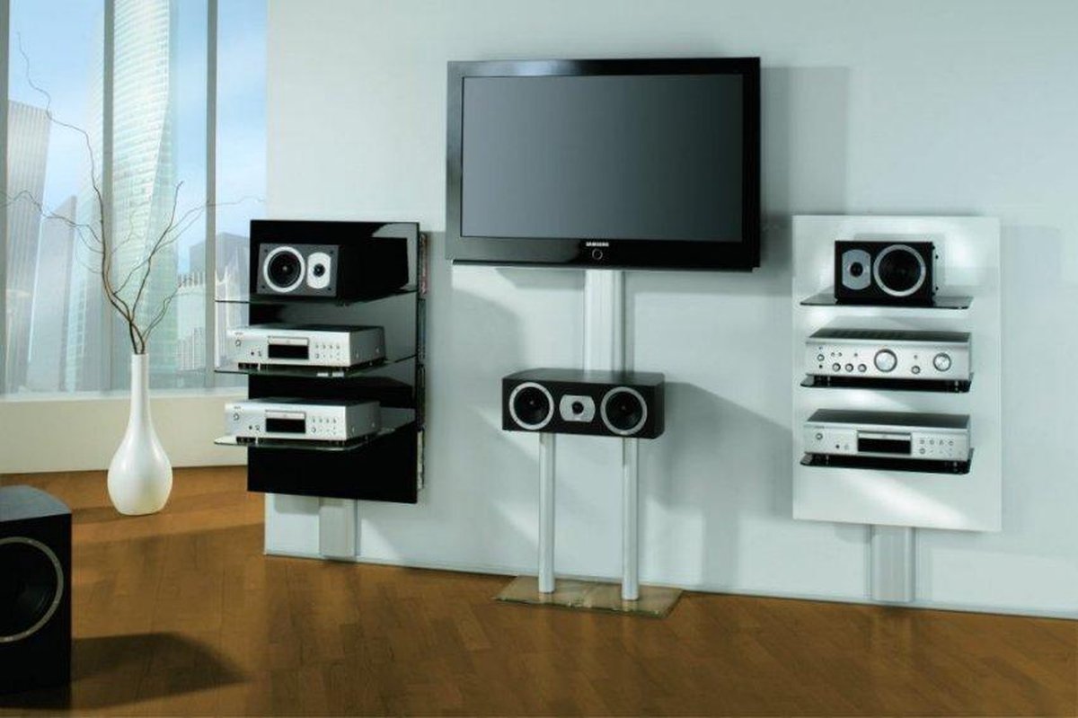 VCM Hi-Fi -audio opberg rek- wand meubel Xeno 3, wit met zwarte ...