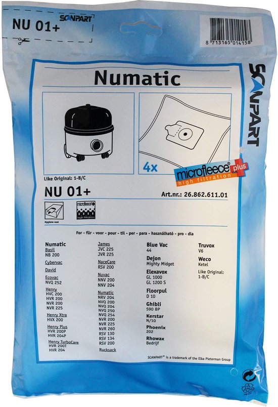 Scanpart stofzuigerzakken 4 stuks - Geschikt voor Numatic Basil ...