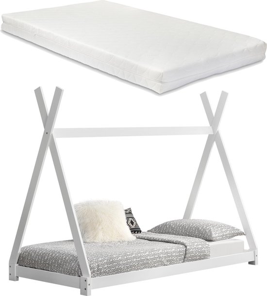 Juniorbed - Tipi met bedbodem en matras 90x200cm - wit | bol