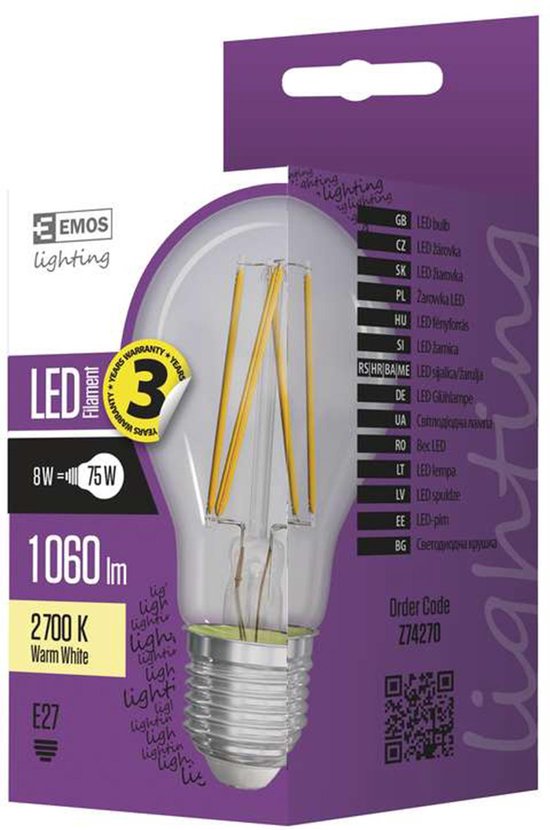 Emos LED Filament E27 - 8W (75W) - Warm Wit Licht - Niet Dimbaar | bol