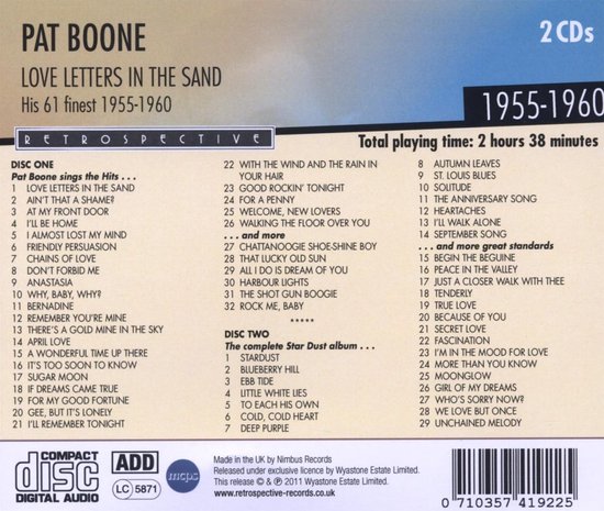Pat Boone - Love Letters In The Sand (2 CD), Pat Boone | Muziek | bol