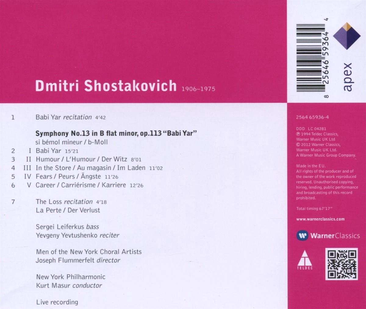Shostakovich: Symphony No. 13, 'Babi Yar', New York Philharmonic | Muziek | bol.com