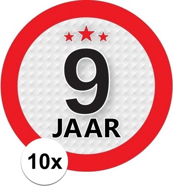 10x 9 Jaar leeftijd stickers rond 9 cm - 9 jaar verjaardag/jubileum ...