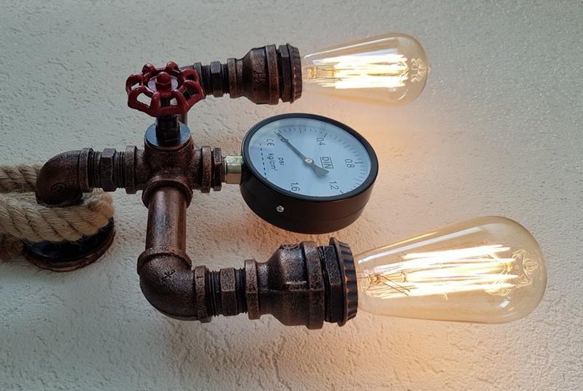 Steampunk pijpenlamp met barometer, industriële wandlamp, vintage lamp ...