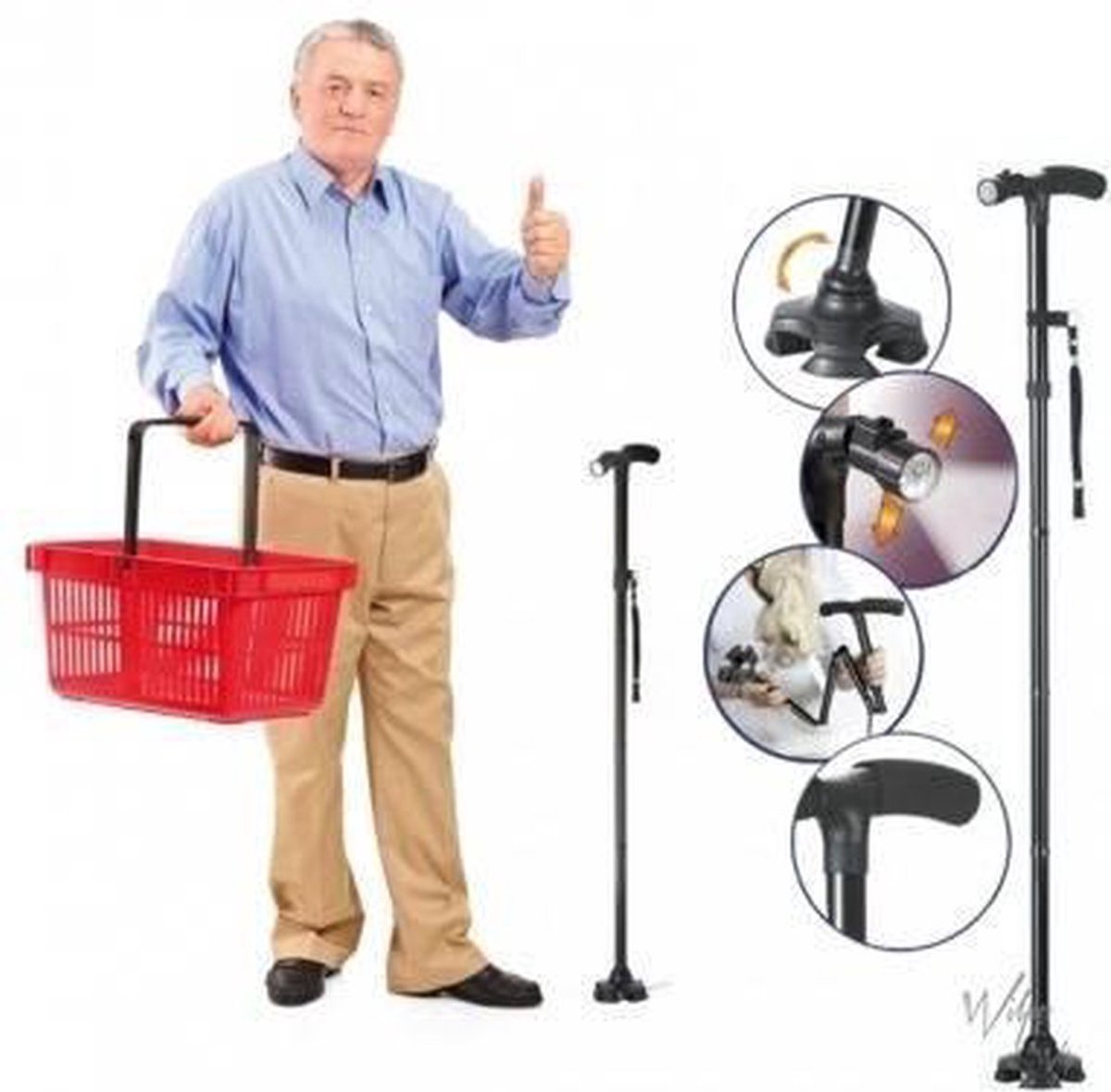 QualiPro Opvouwbare Wandelstok Verstelbaar met LED Licht Lampje ...