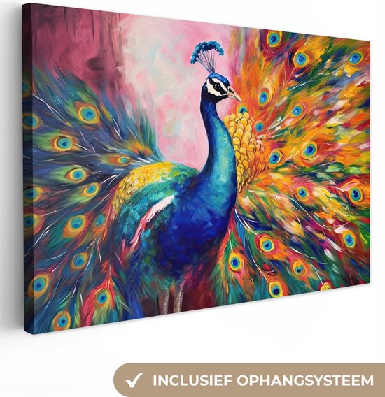 Canvas schilderij pauw 60x40 - Kamer decoratie accessoires kleurrijk - Abstracte... | bol