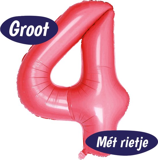Folieballon Cijfer 4 - Roze - 70cm - Incl. Opblaasrietje - Verjaardag ...