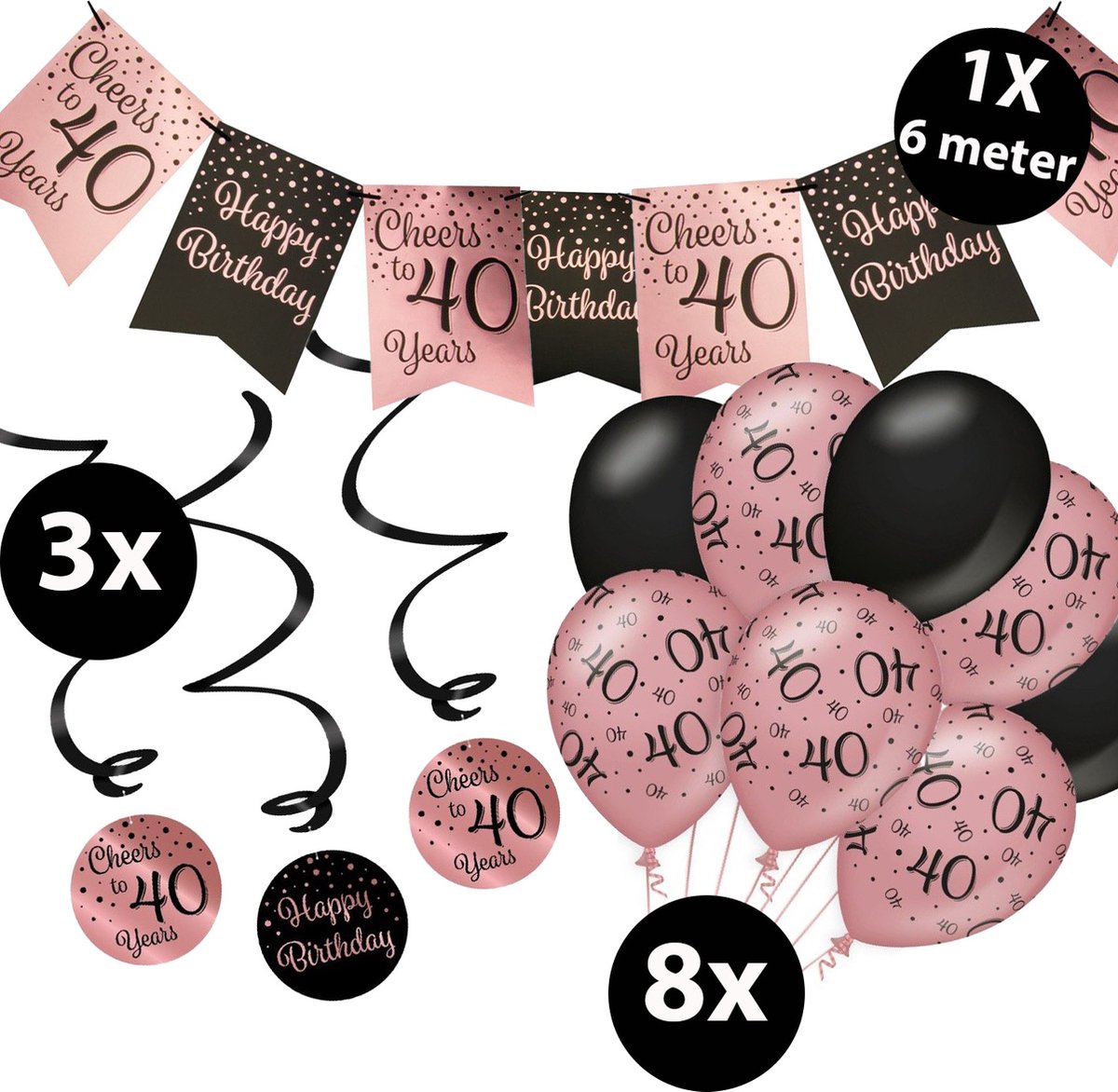 Verjaardag Versiering Pakket 40 jaar Roze en Zwart - Ballonnen Zwart ...