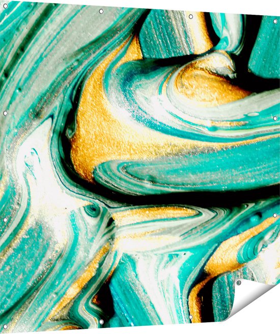 Gards Tuinposter Abstracte Kunst - Groen met Gouden Verf - 120x120 cm ...