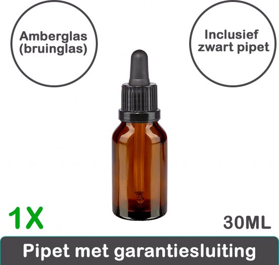 1x professionele amber (bruinglas) pipetflesje 30 ml inclusief zwart ...