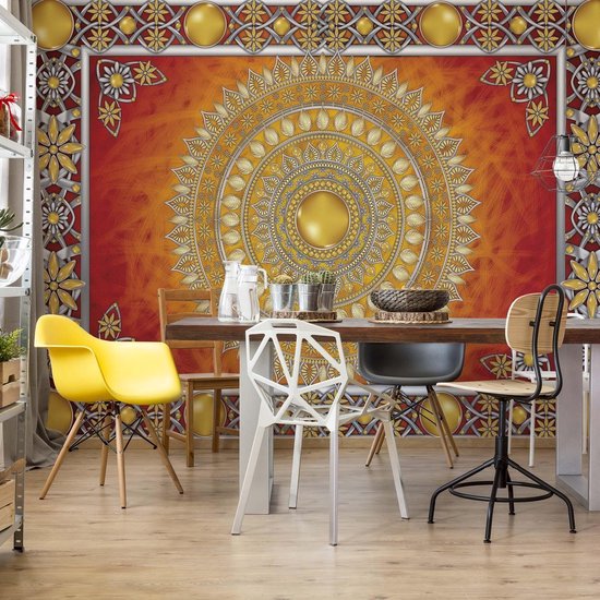 Fotobehang - Vlies Behang - Gouden Mandala op een Rode Achtergrond ...
