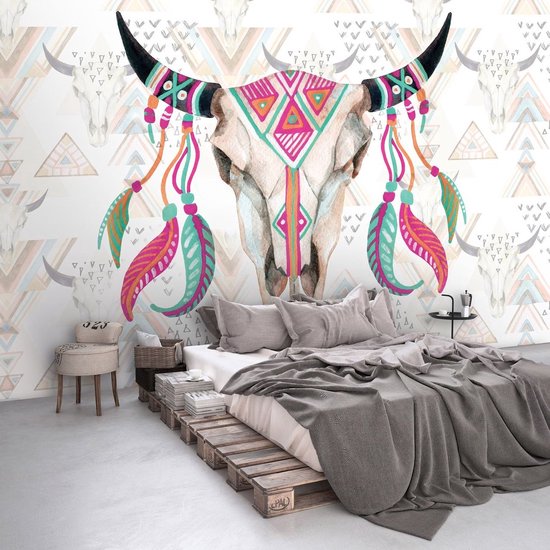 Fotobehang - Vlies Behang - Schedel - Longhorn en Veren - Skull - 416 x ...