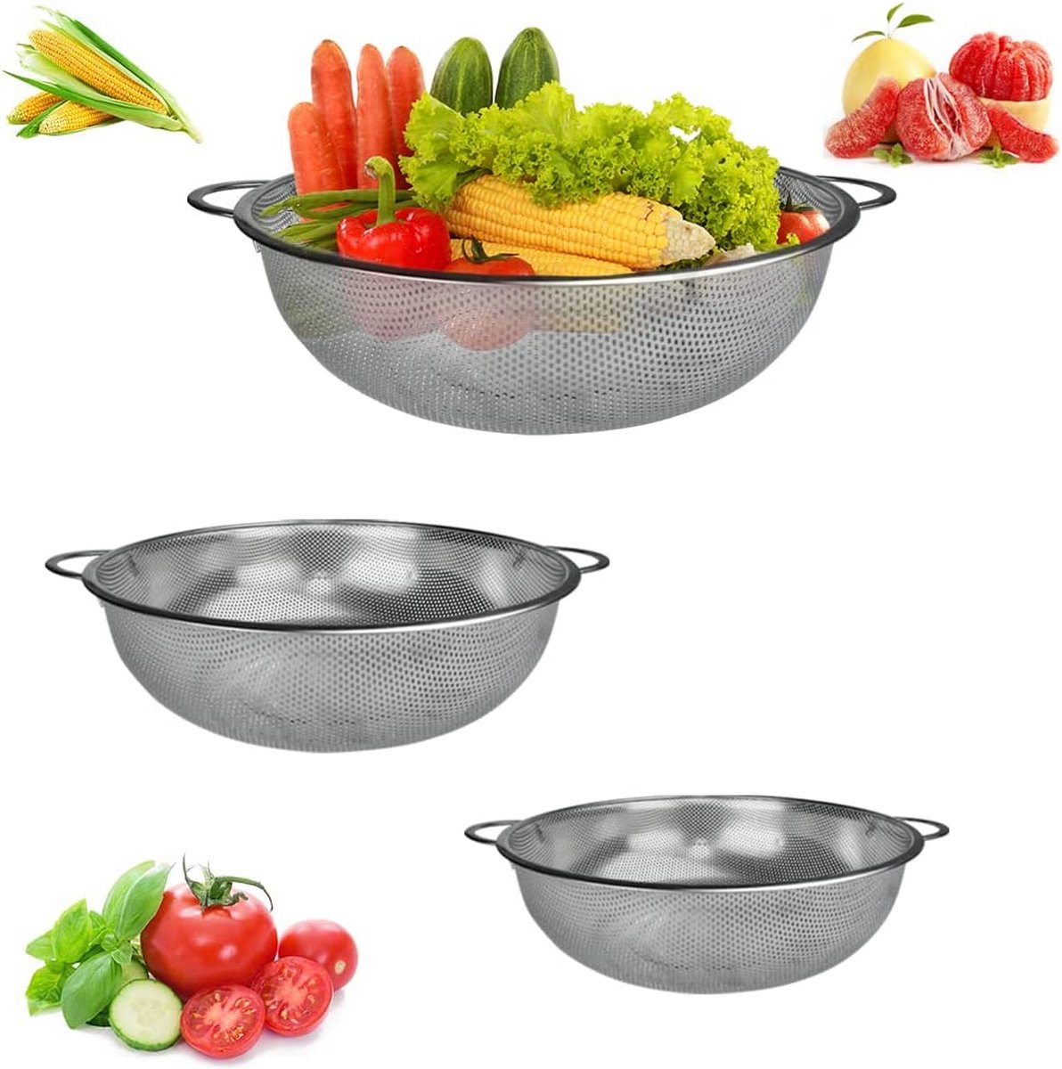 Vergiet Set van 3 RVS Vergieten met Handvat Microgeperforeerde Pasta ...